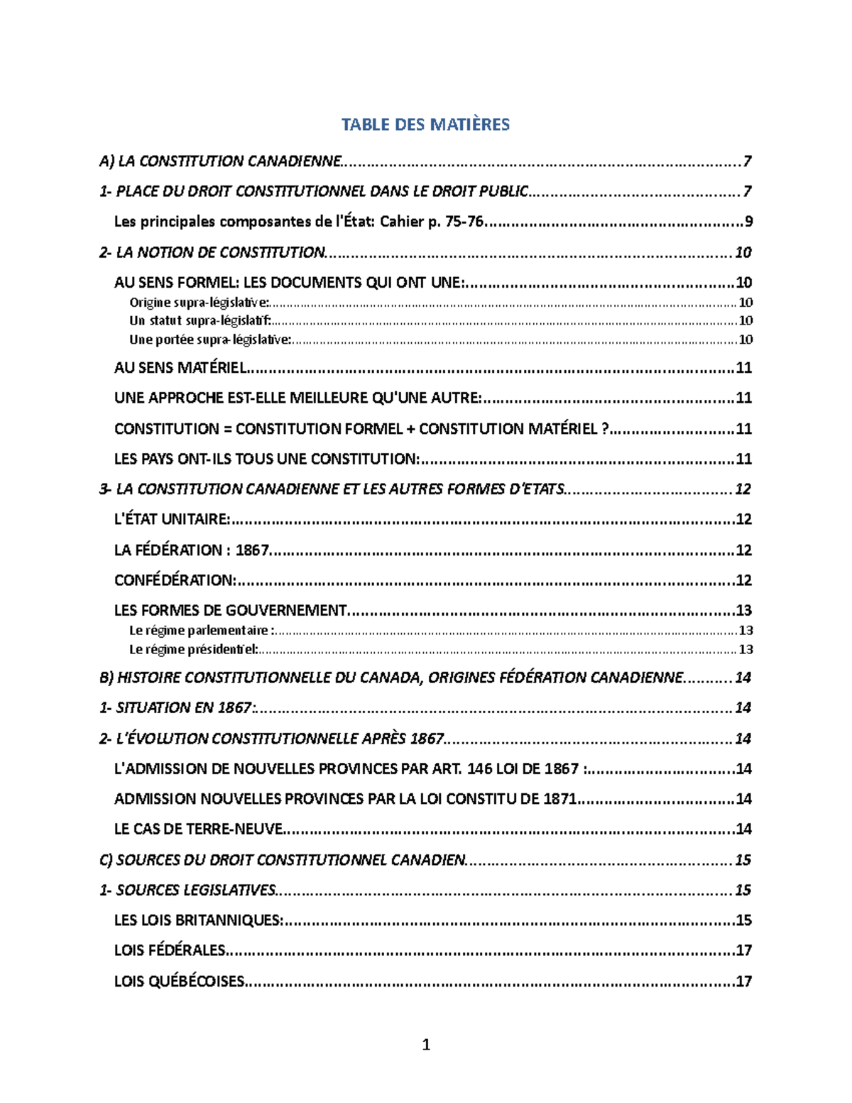Constit - Notes - TABLE DES MATIÈRES A) LA CONSTITUTION - Studocu