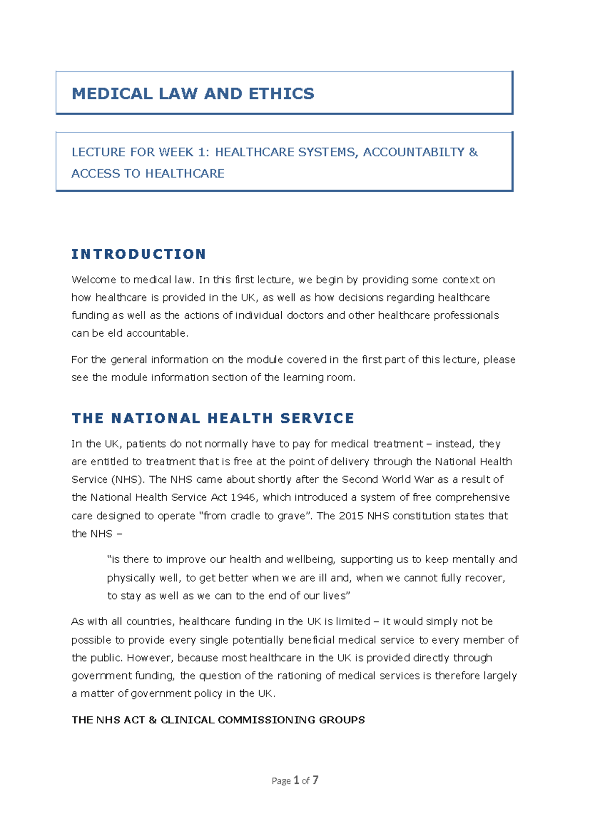 Handout for Lecture 1 - MEDICAL LAW AND ETHICS LECTURE FOR WEEK 1 ...