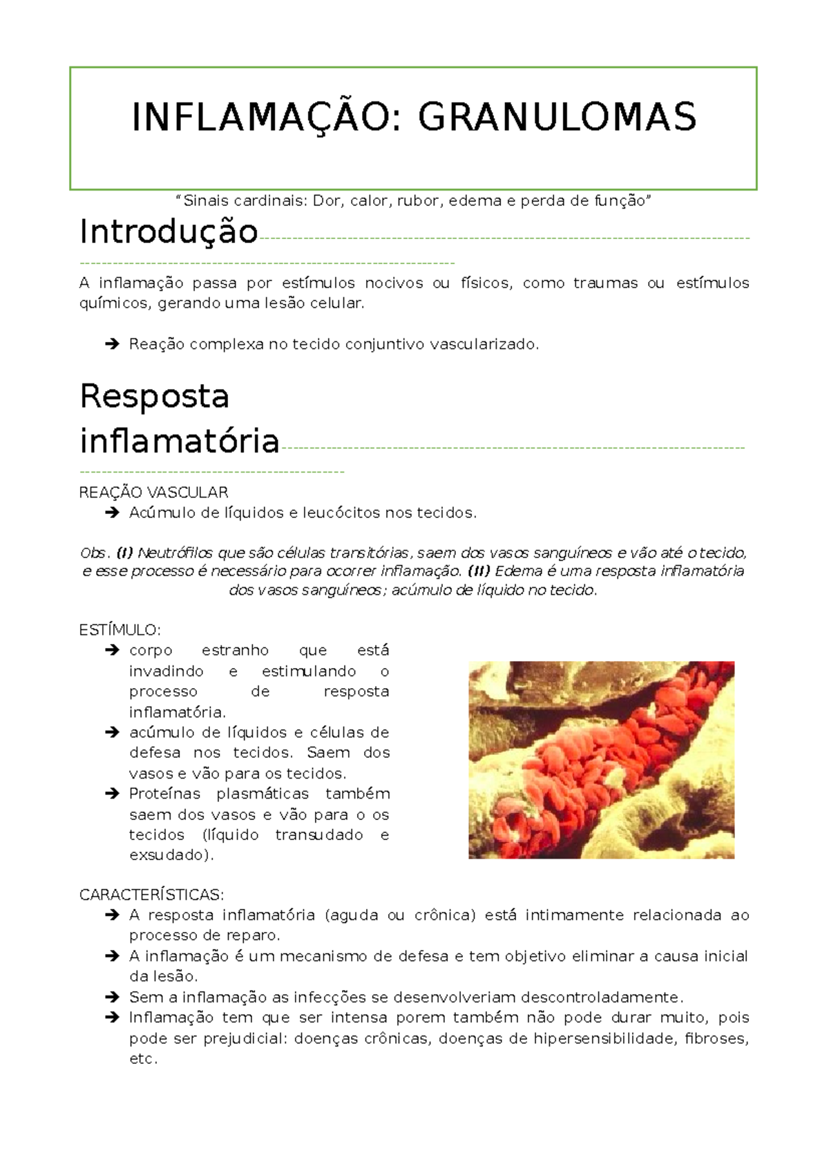 Inflamacao E Granuloma - “ “Sinais cardinais: Dor, calor, rubor, edema ...