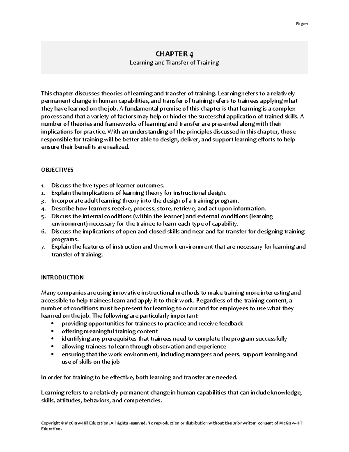 Chapter 4 - Learning and Transfer of Training - CHAPTER 4 Learning and Transfer of Training This ...