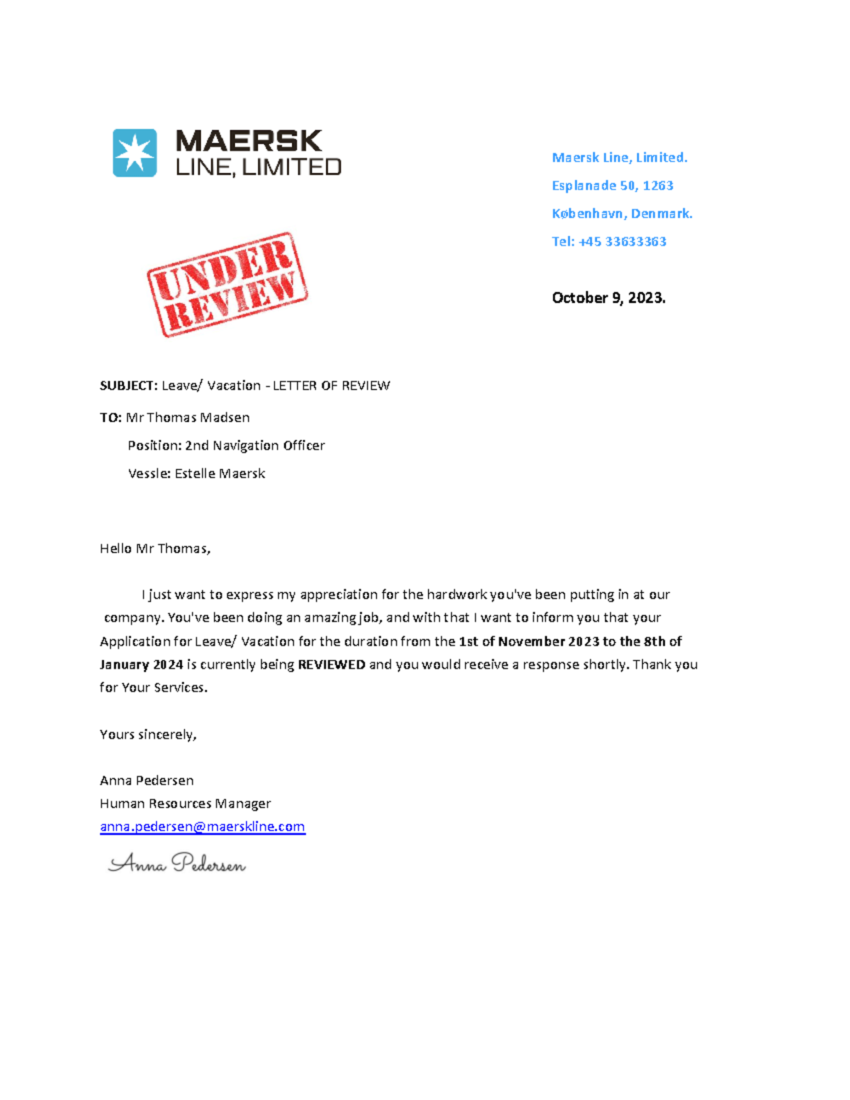 Subject Leave-Maersk Line - SUBJECT: Leave/ Vacation - LETTER OF REVIEW ...