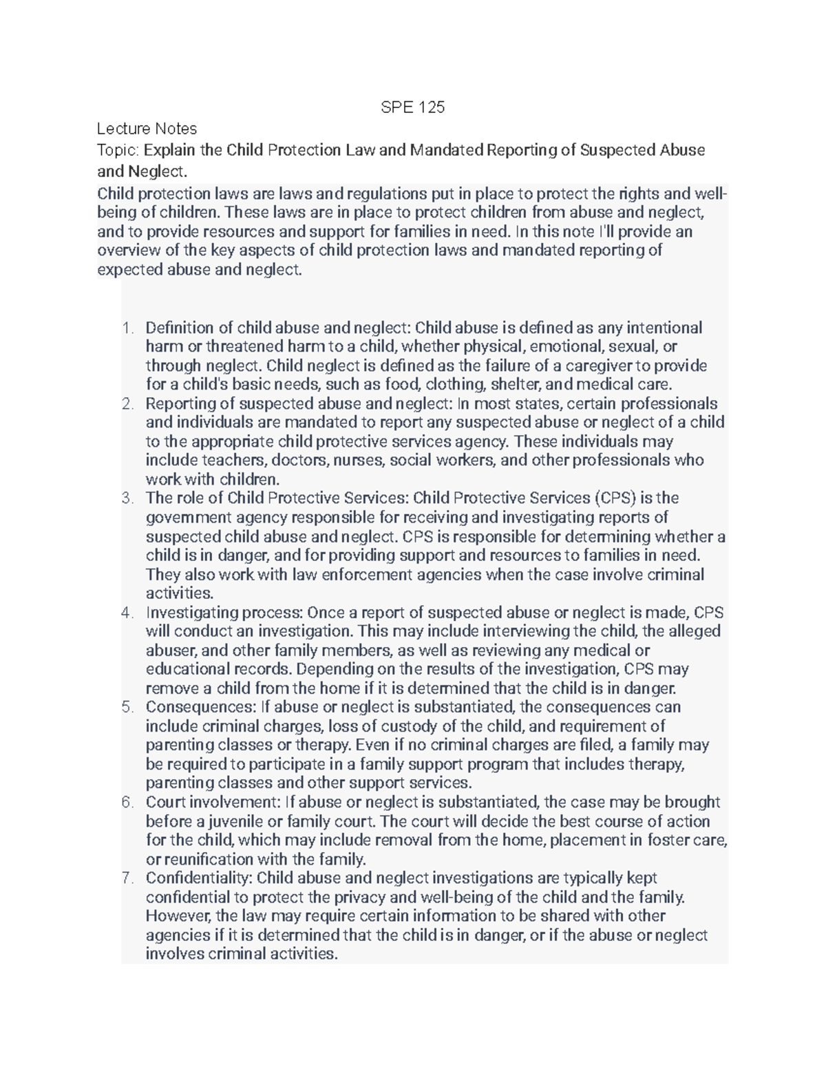 SPE 125 - Schoolcraft-Explain the Child Protection Law and Mandated ...