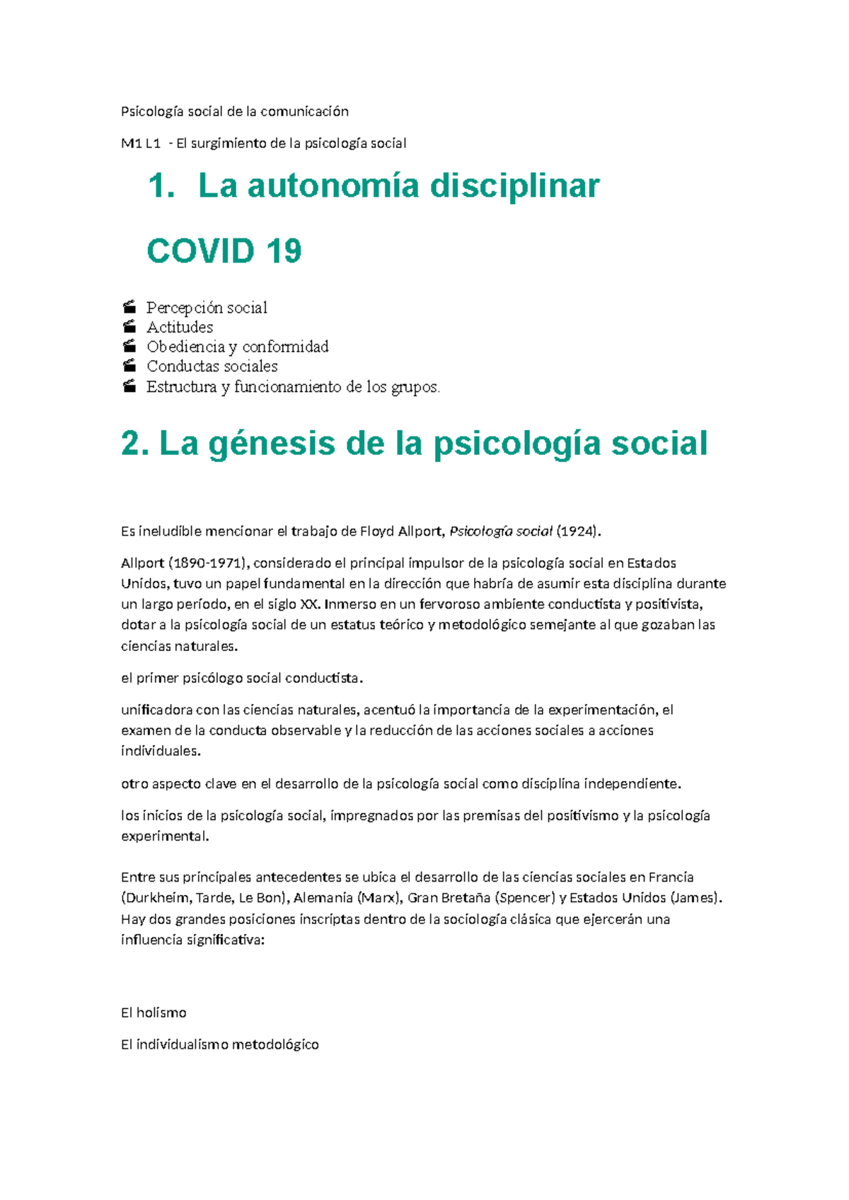 Resumen psico 1 parcial - Psicología social de la comunicación M1 L1 - El surgimiento de la ...