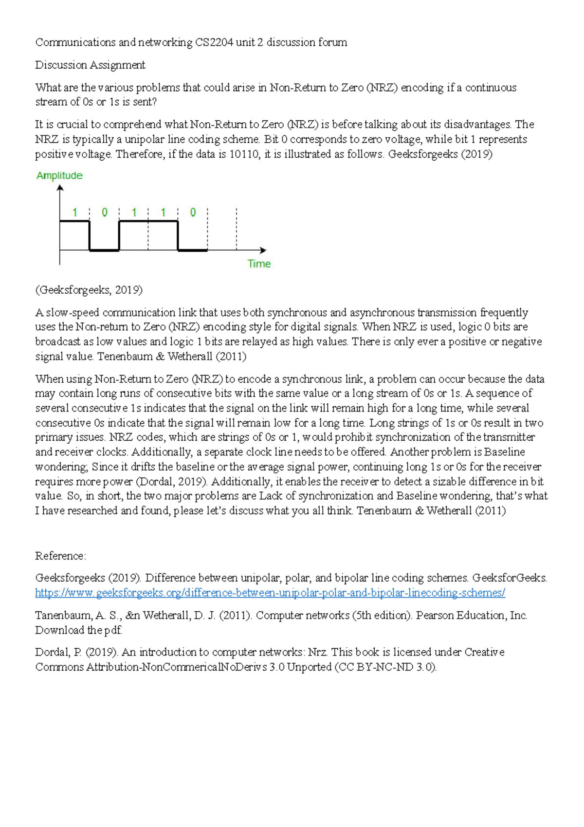 Communications and networking CS2204 unit 2 discussion forum - The NRZ is typically a unipolar ...