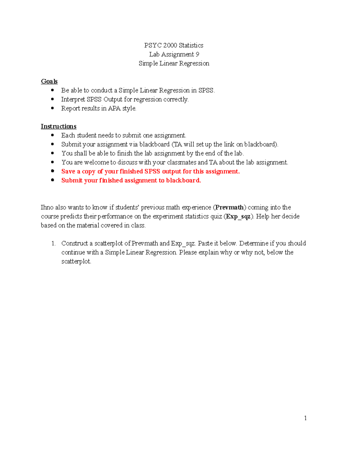 Lab assignment 9 simple linear regression - PSYC 2000 Statistics Lab Assignment 9 Simple Linear ...