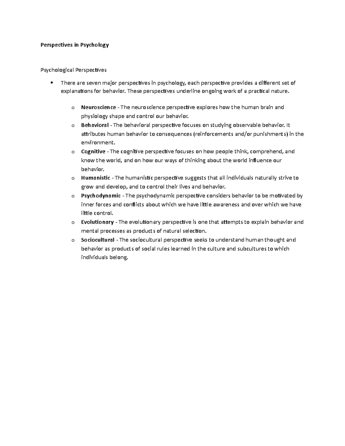 Chapter 1 Notes - Shawn Fox, Psychology perspectives and connections ...