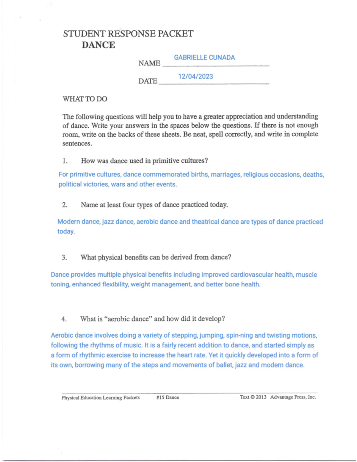 Dance 1204 - N/A - STUDENT RESPONSE PACKET DANCE GABRIELLE CUNADA NAME ...