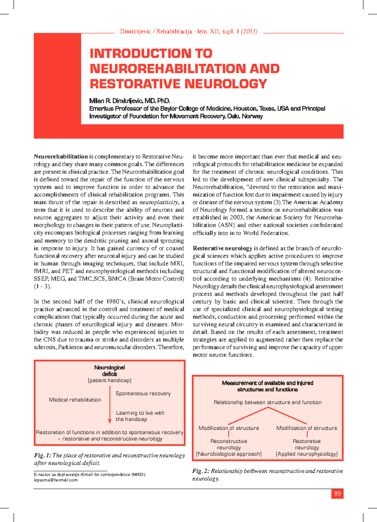 14. Introduction to Neuro Rehabilitation and Restorative Neurology ...