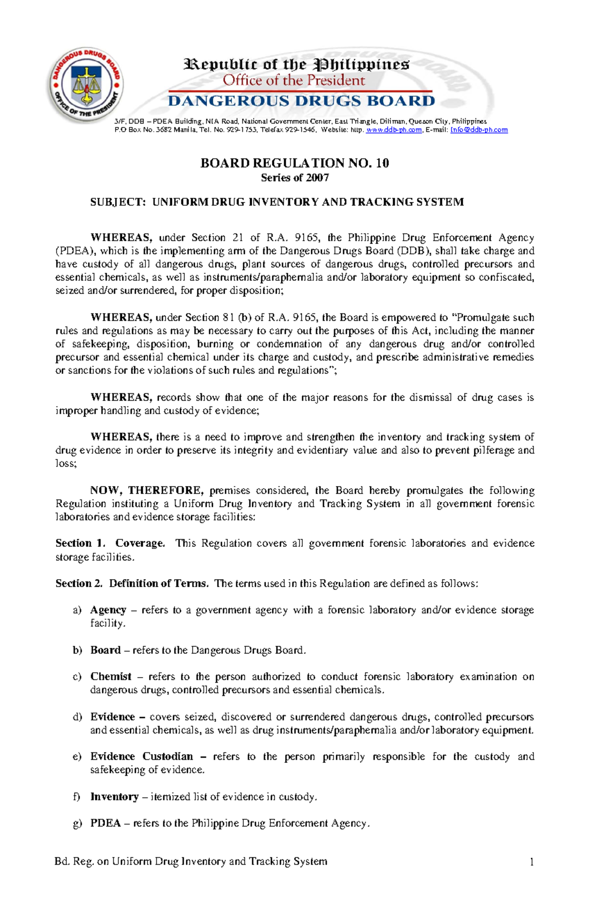 Bd. Reg. 10 07 Uniform Drug Inventory and Tracking System - 3/F, DDB ...