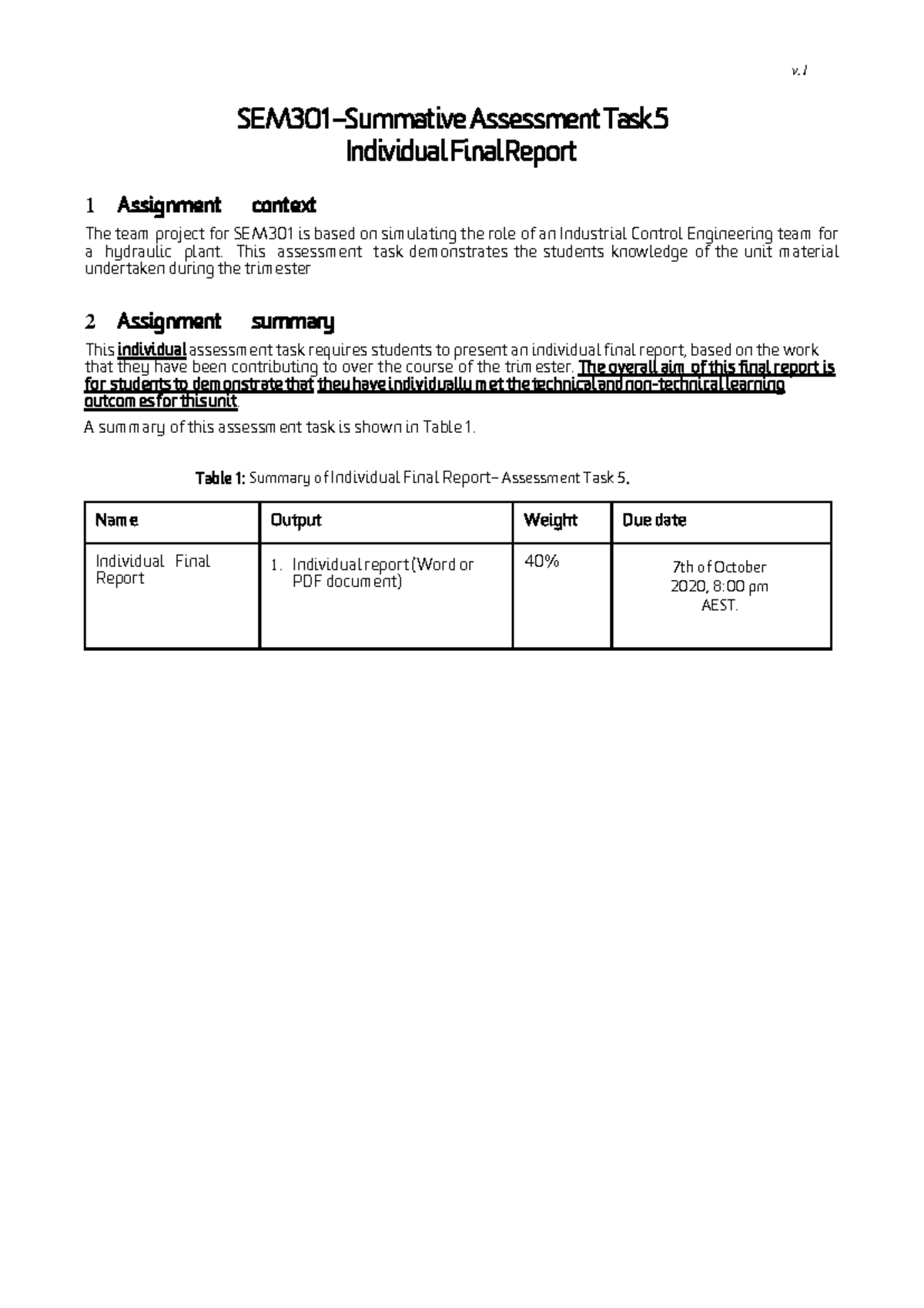 SEM301 Assessment 5 Individual Final Report 2020 - v. SEM 301 ...