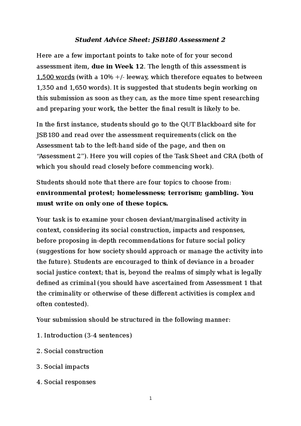 JSB180 Deviance Assessment 2 Advice Sheet-1 - Student Advice Sheet ...