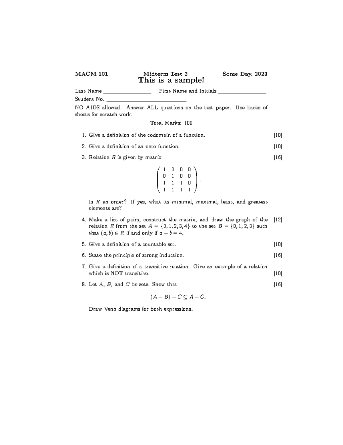 Midterm-sample-2 - sample midterm for macm 101 - MACM 101 Midterm Test ...