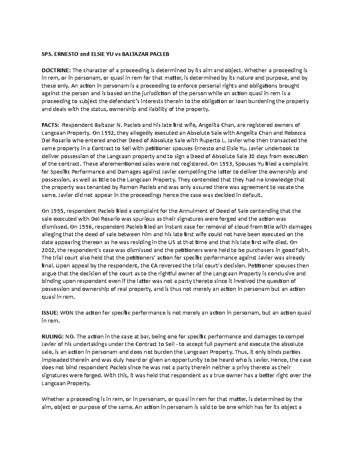 Yu v. Pacleb - Digest - SPS. ERNESTO and ELSIE YU vs BALTAZAR PACLEB ...