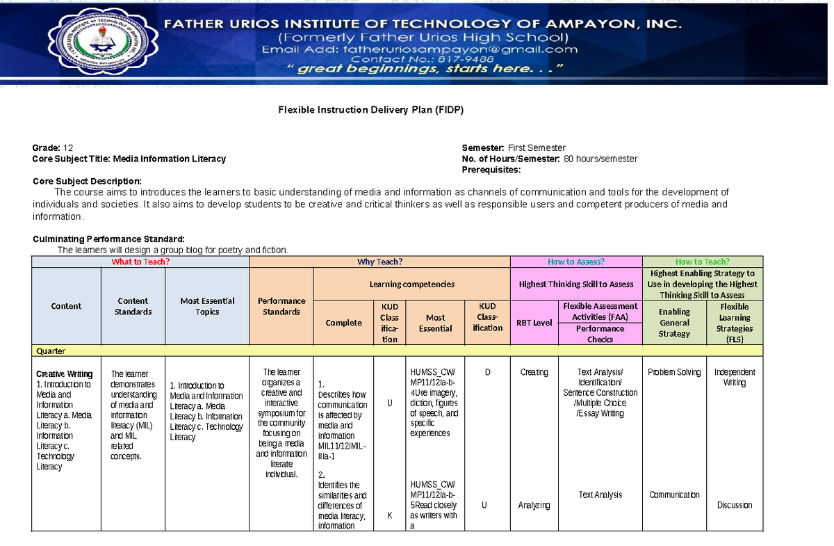 Creative-Writing-FIDP - Flexible Instruction Delivery Plan (FIDP) Grade ...