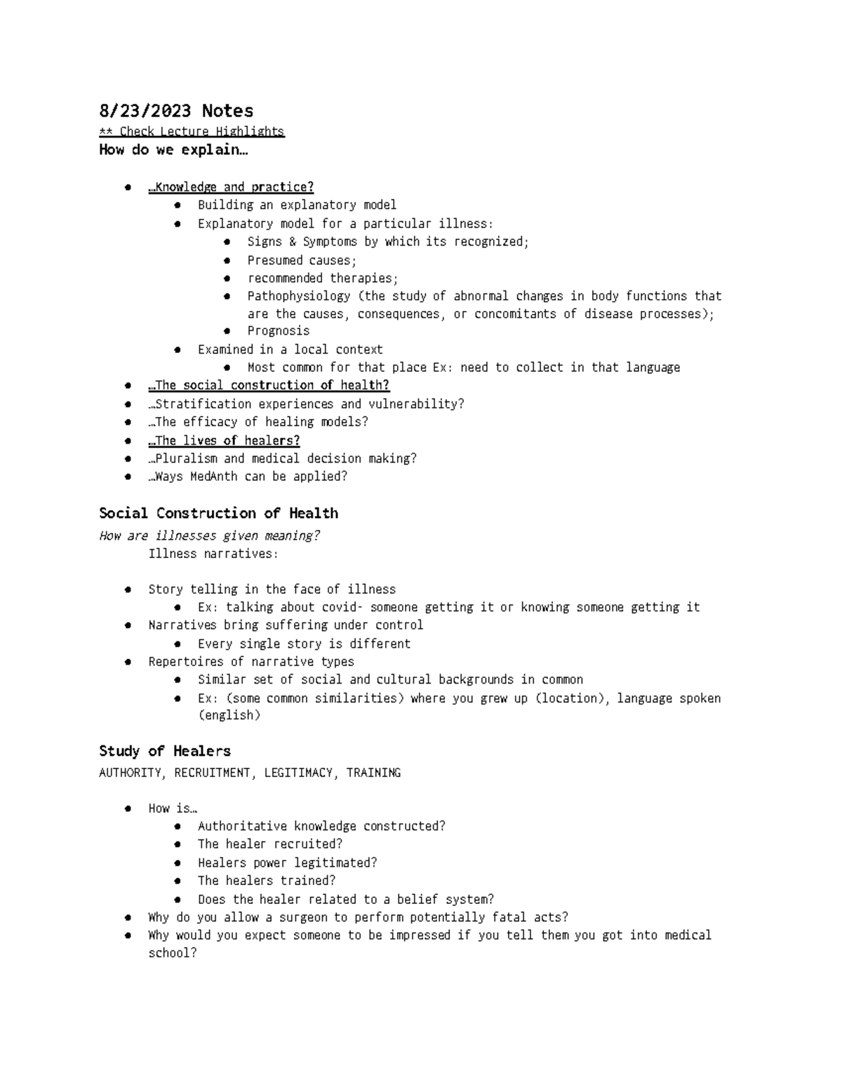 ALL ANTH 270 Notes - 8/23/2023 Notes ** Check Lecture Highlights How do ...