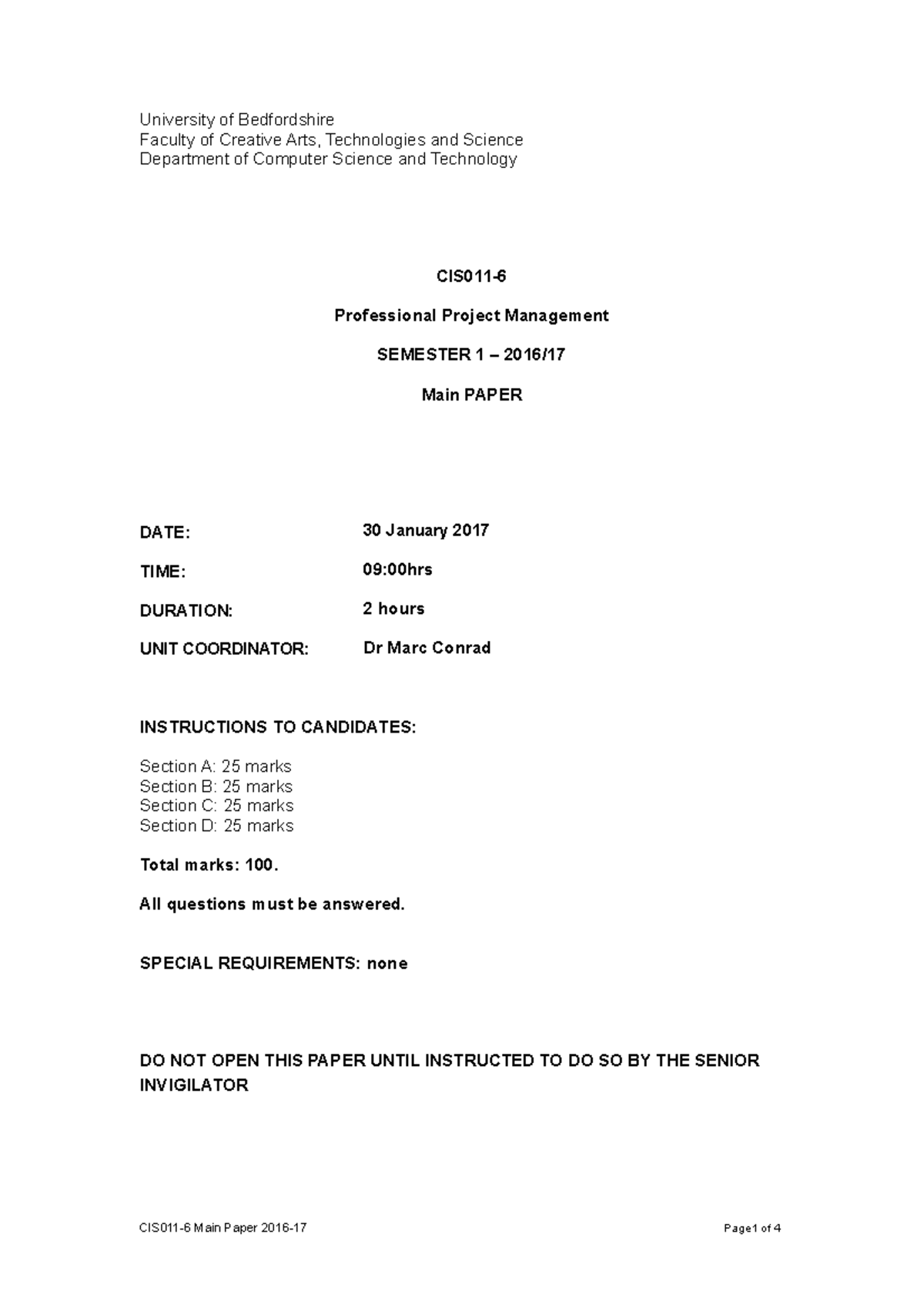 Professional Project Management Exam SEM1 - University of Bedfordshire ...