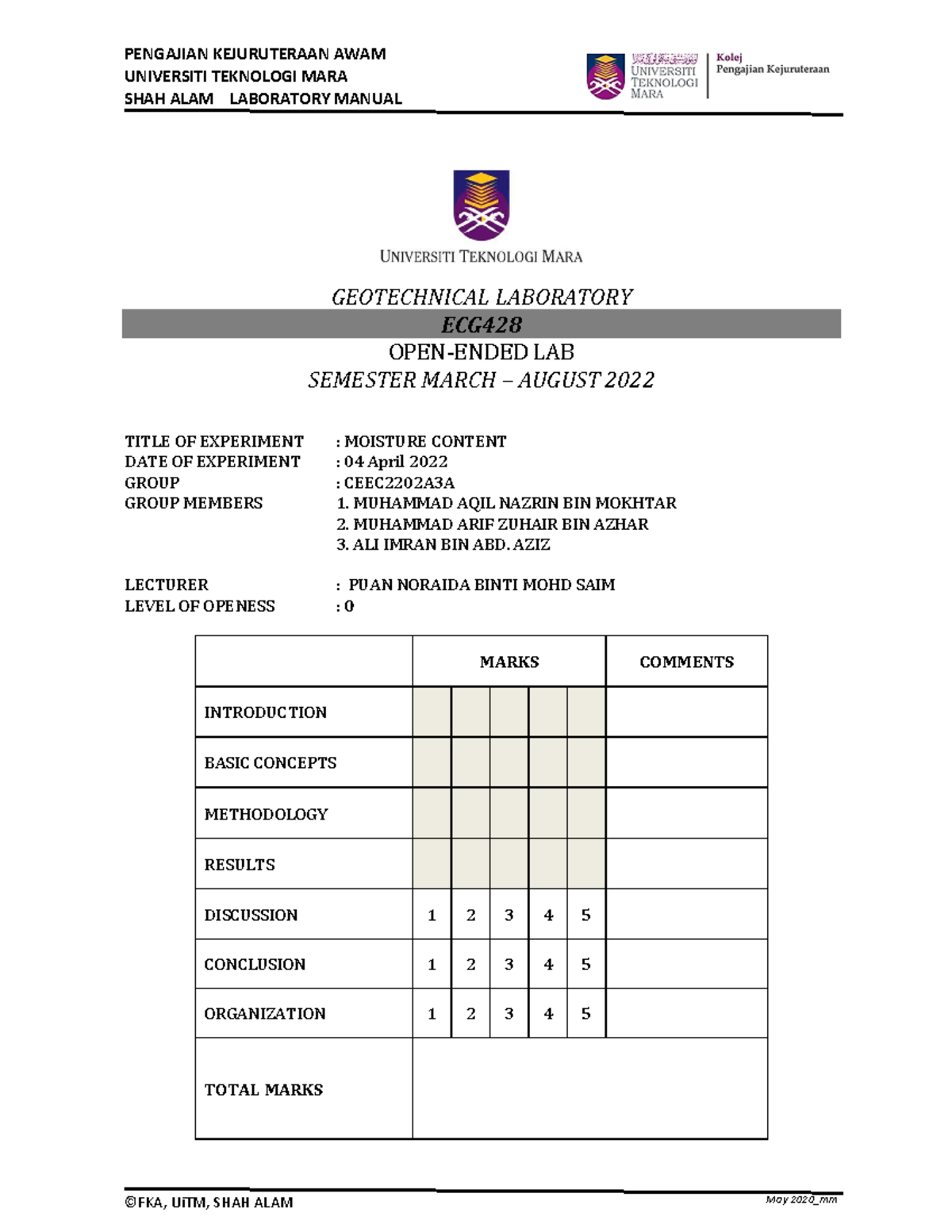 LAB Report 1 Group 2 - LAB - UNIVERSITI TEKNOLOGI MARA SHAH ALAM LABORATORY MANUAL GEOTECHNICAL ...
