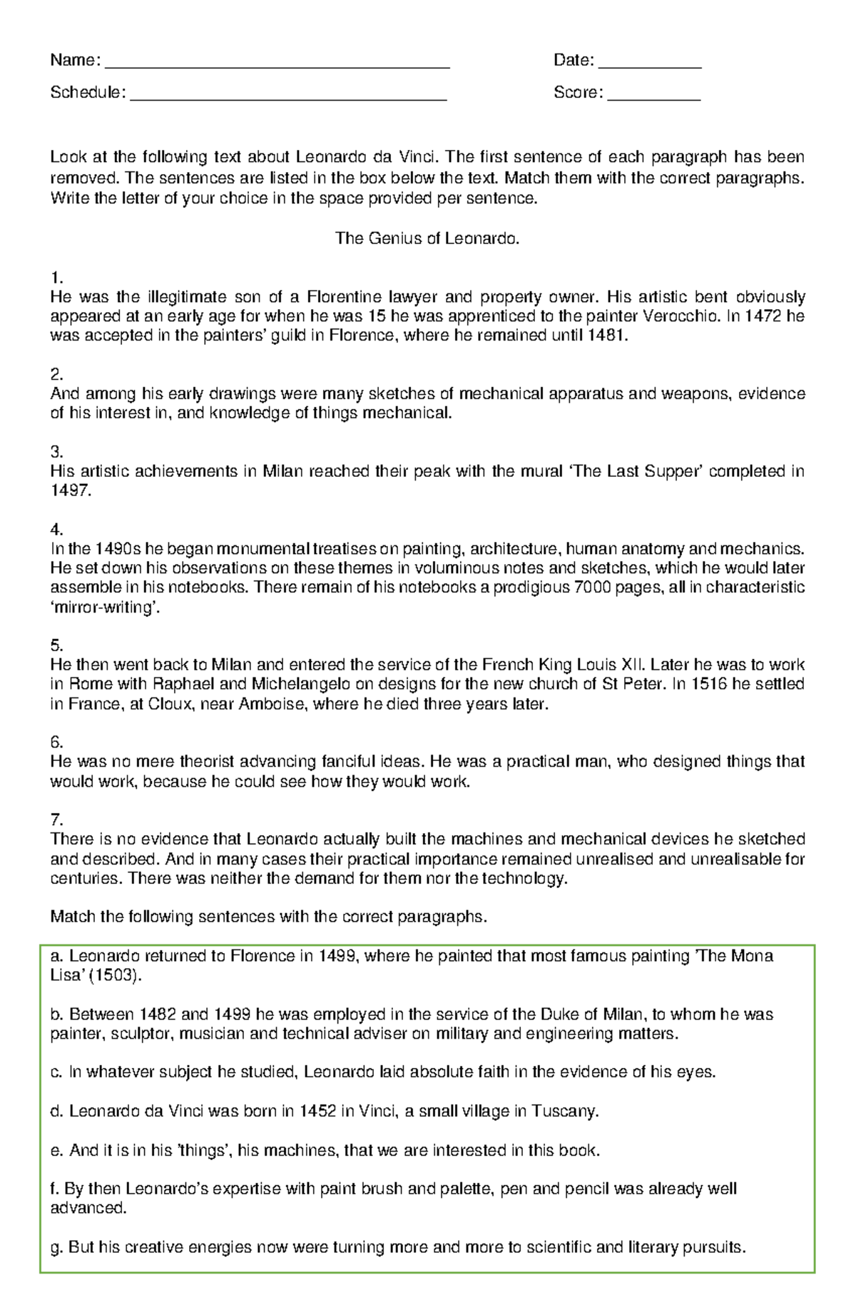Quiz 1 Opening Statements and Topic Sentences - Name