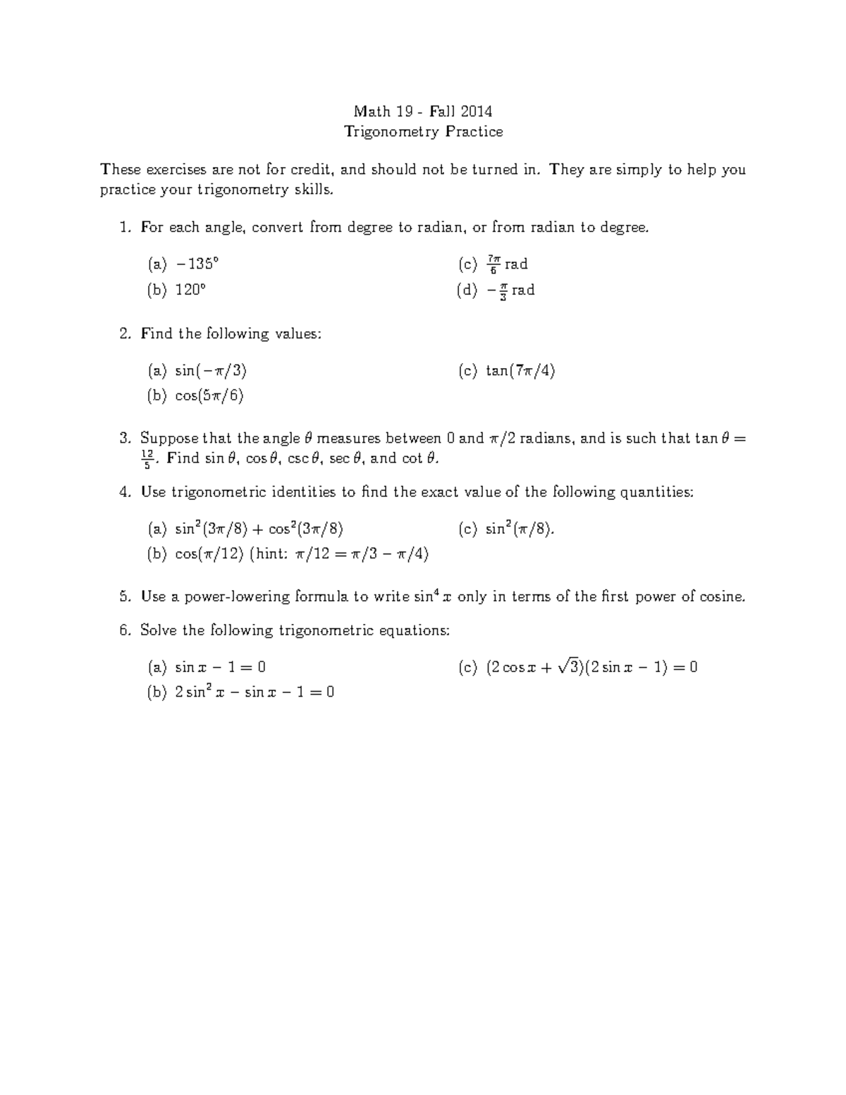 Seminar assignments - Trigonometry practice questions and answers ...