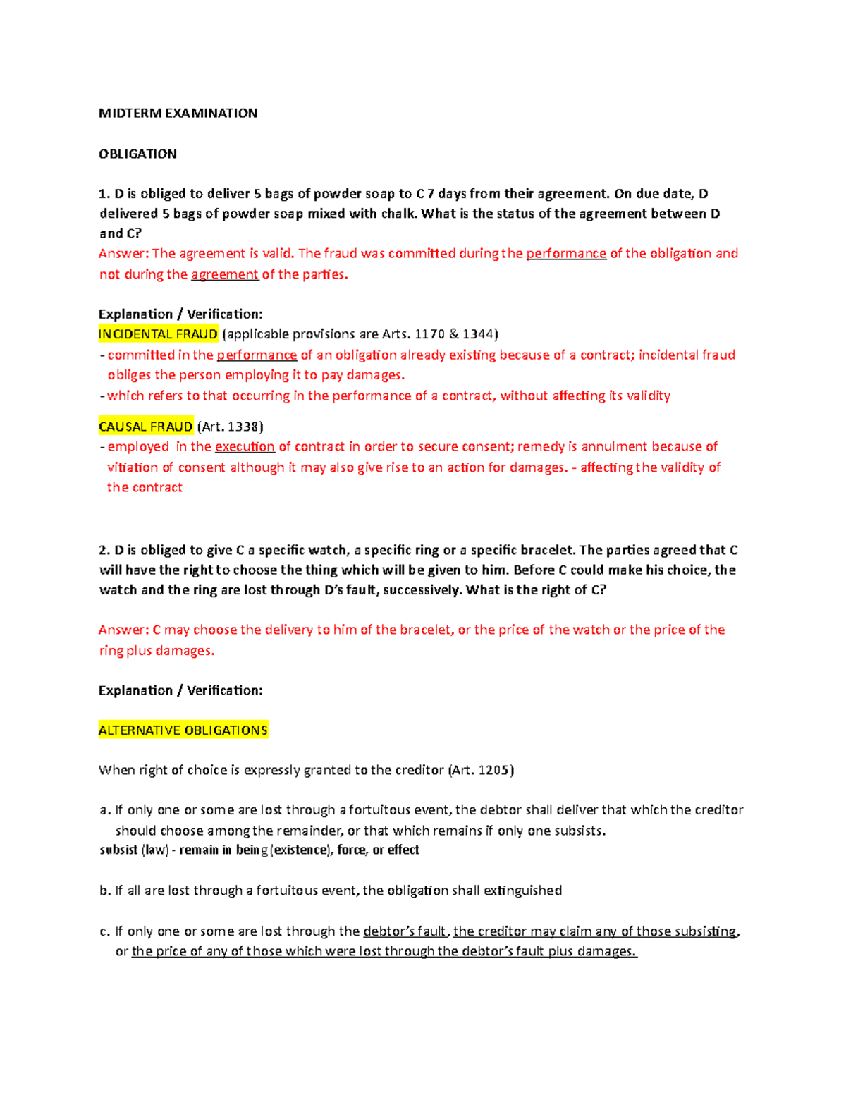 Oblicon midterm notes - MIDTERM EXAMINATION OBLIGATION D is obliged to ...