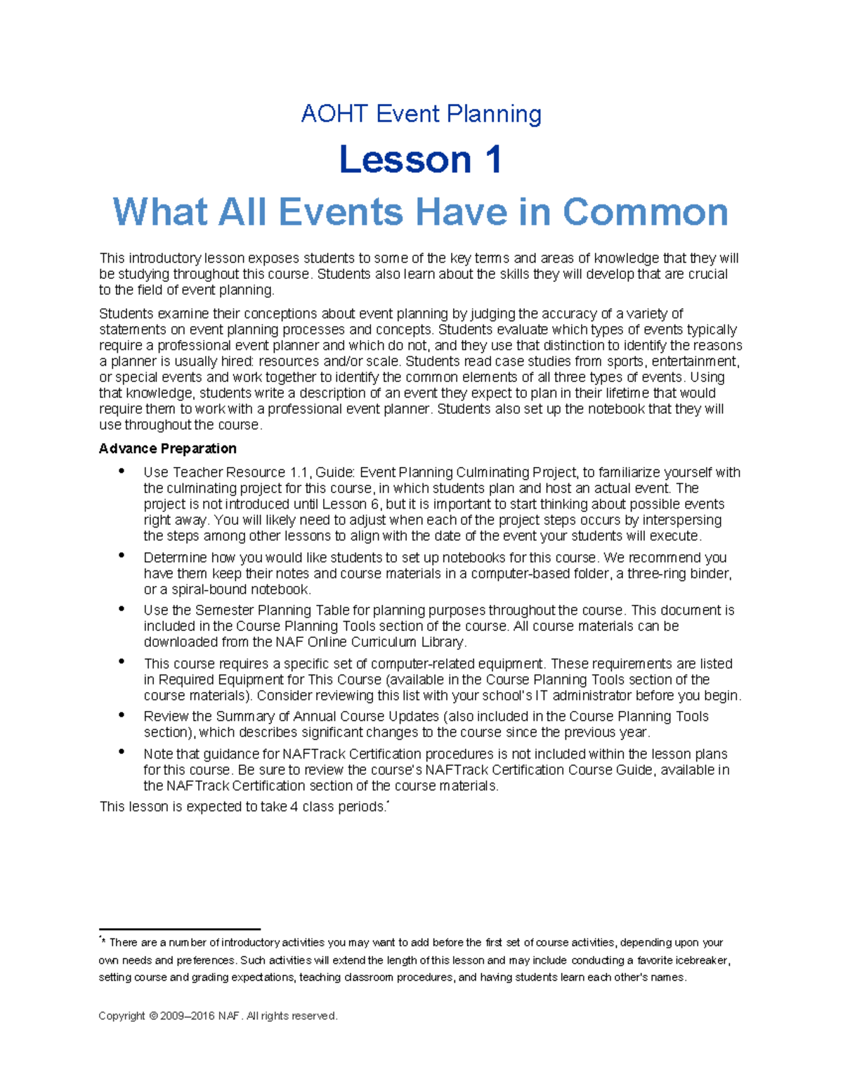 Event Planning Lesson 1 Lesson Plan 051516 - Lesson 1 What All Events ...