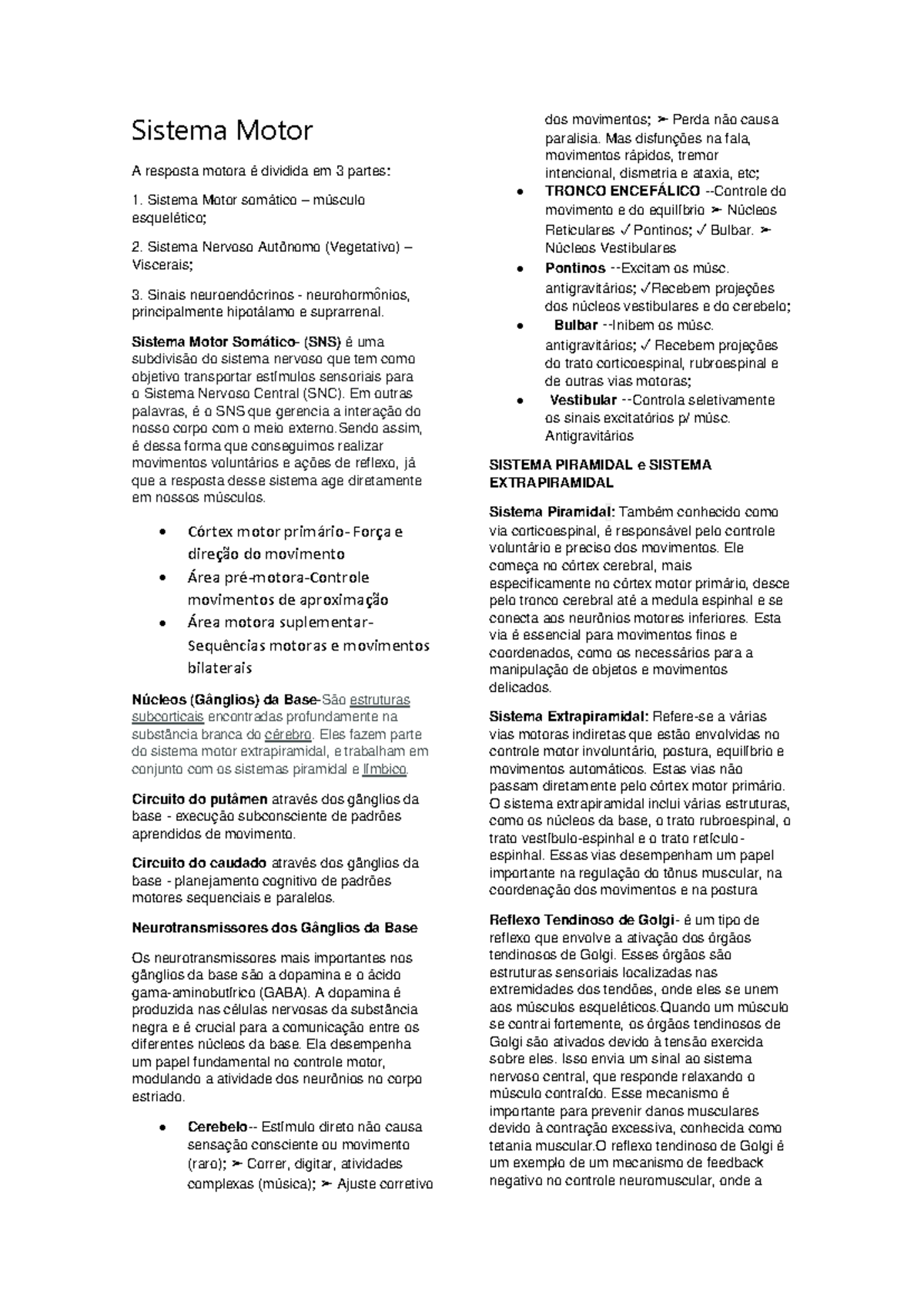 Sistema Motor - Resumo Fisiologia Humana - Sistema Motor A resposta ...