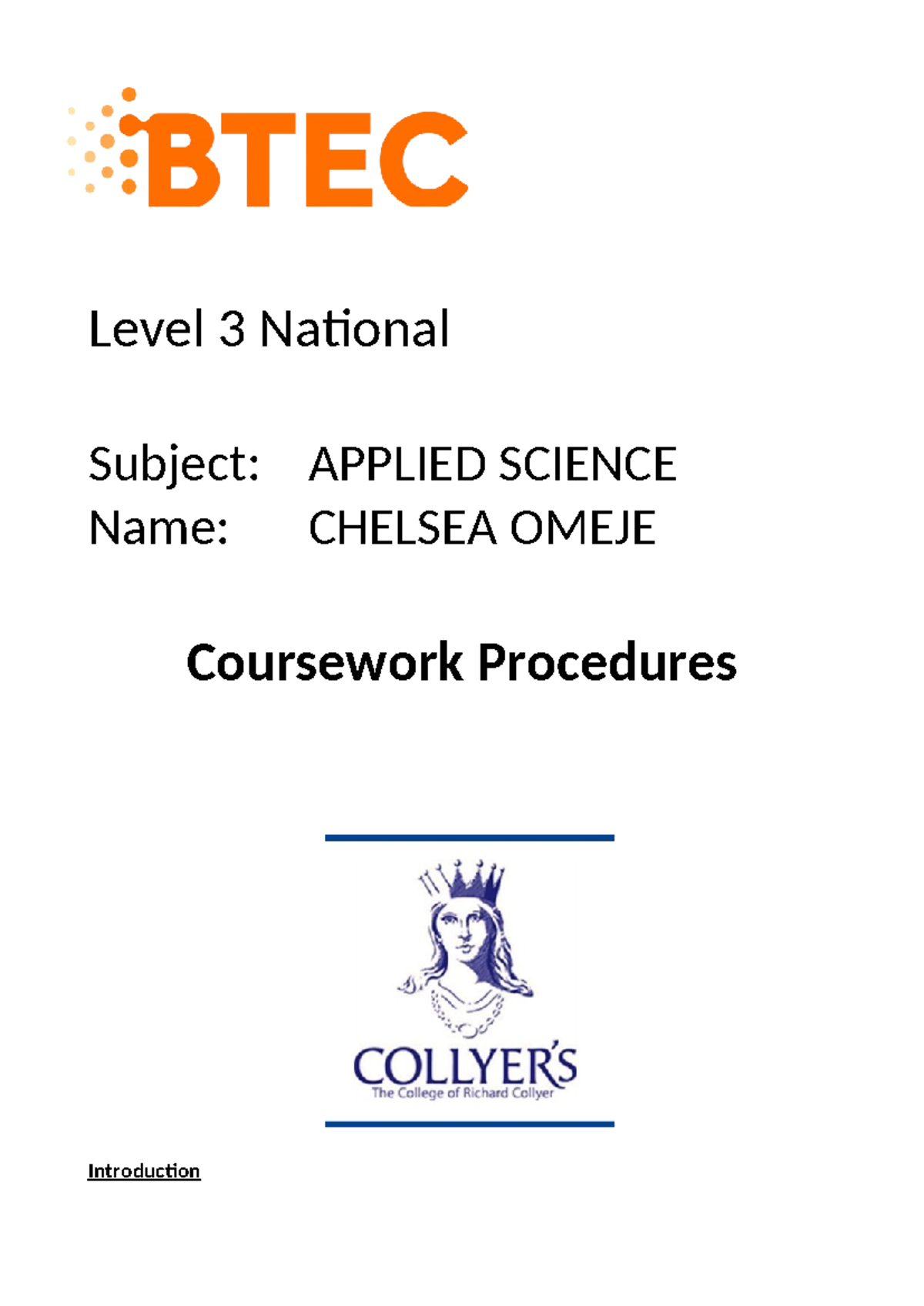 BTEC level 3 Handbook - Level 3 National Subject: APPLIED SCIENCE Name ...