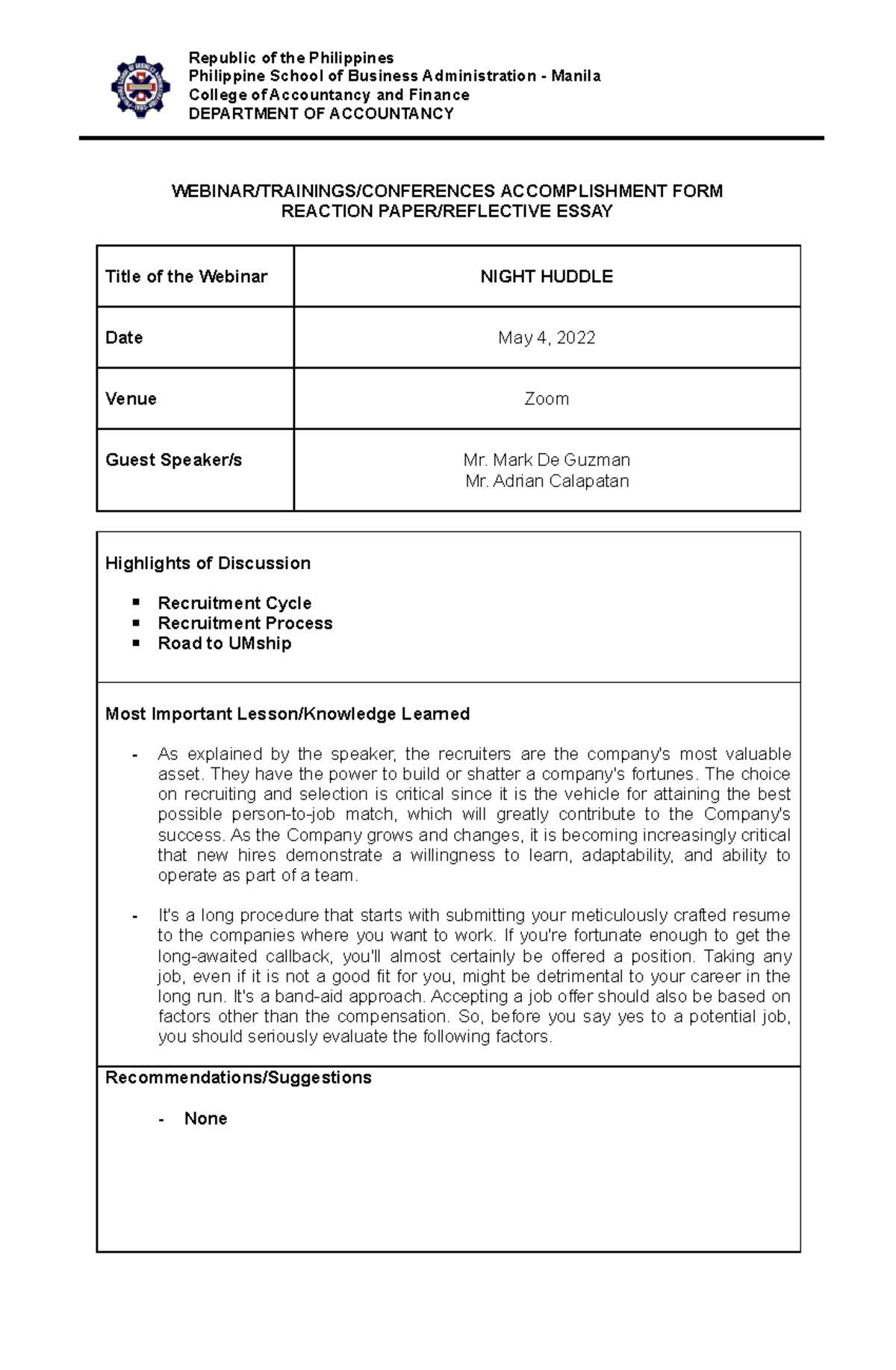 Reflection Paper Matic 24 - WEBINAR/TRAININGS/CONFERENCES ...