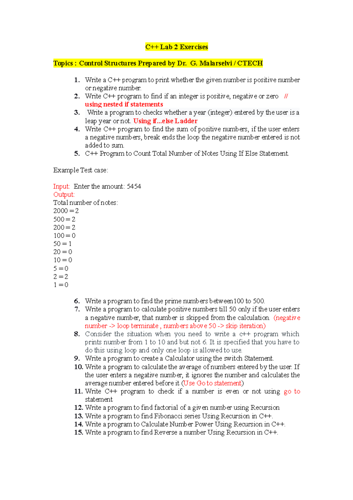 Oodp Week 2 Exercises C Lab 2 Exercises Topics Control Structures