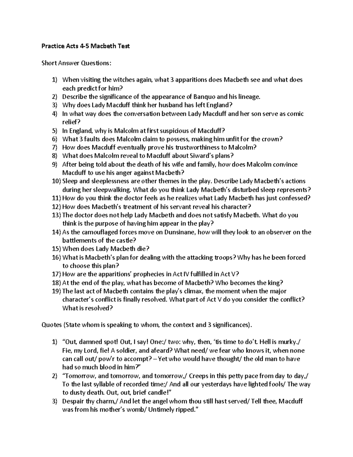 Macbeth Acts 4-5 Test Questions - Warning: TT: undefined function: 32 ...