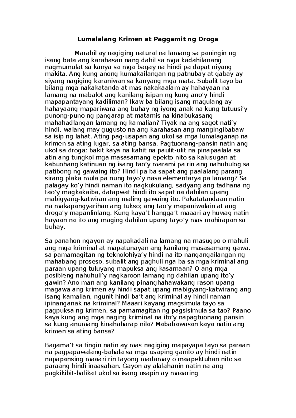 Halimbawa ng Talumpati - Lumalalang Krimen at Paggamit ng Droga Marahil ...