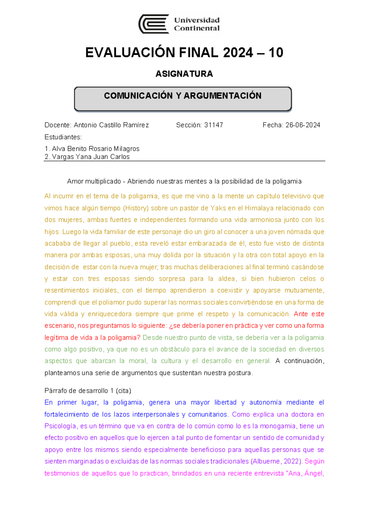 Formato Examen Final - EVALUACIÓN FINAL 2024 – 10 ASIGNATURA Docente: Antonio Castillo Ramírez ...