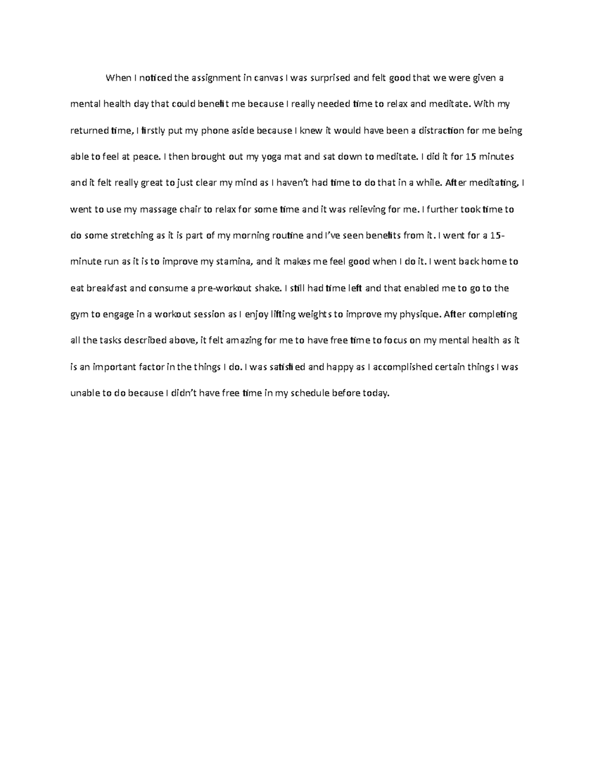 Mental health assignment - When I noticed the assignment in canvas I ...