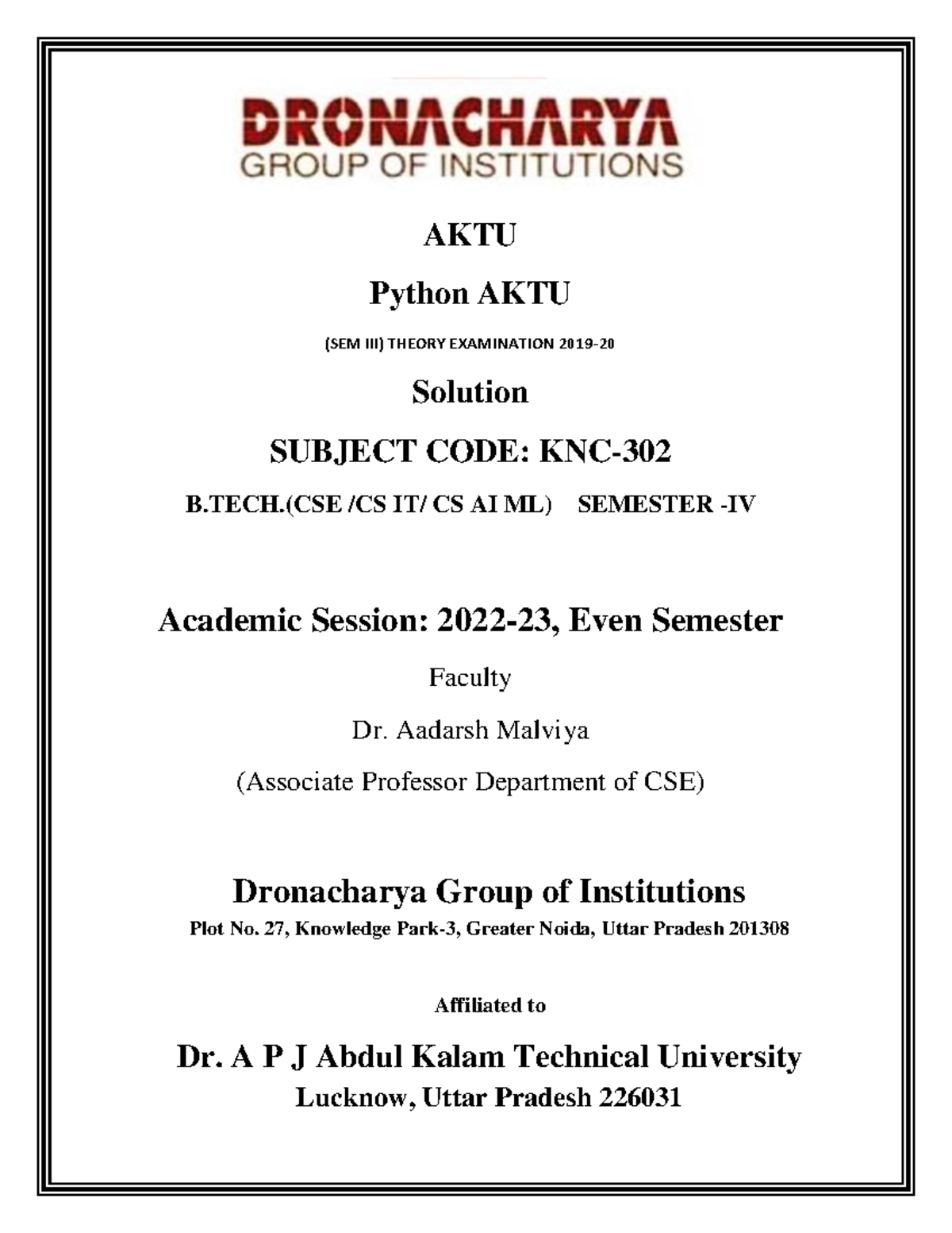 Aktu Qp Solution 2019 20 Dram Knc 302 Aktu Python Aktu Sem Iii Theory Examination 2019 