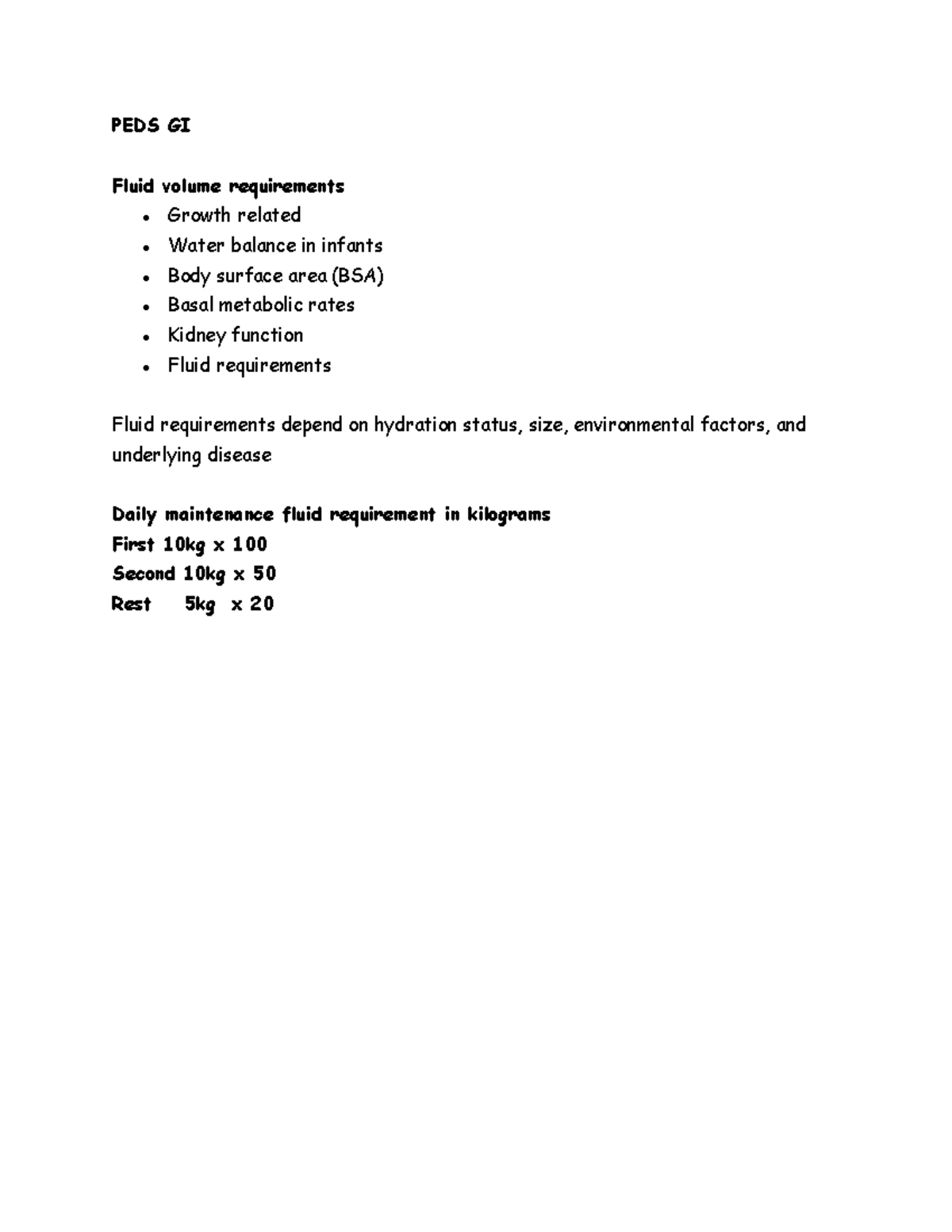 PP8 GI Dysfunction PEDS - PEDS GI Fluid volume requirements Growth related Water balance in ...