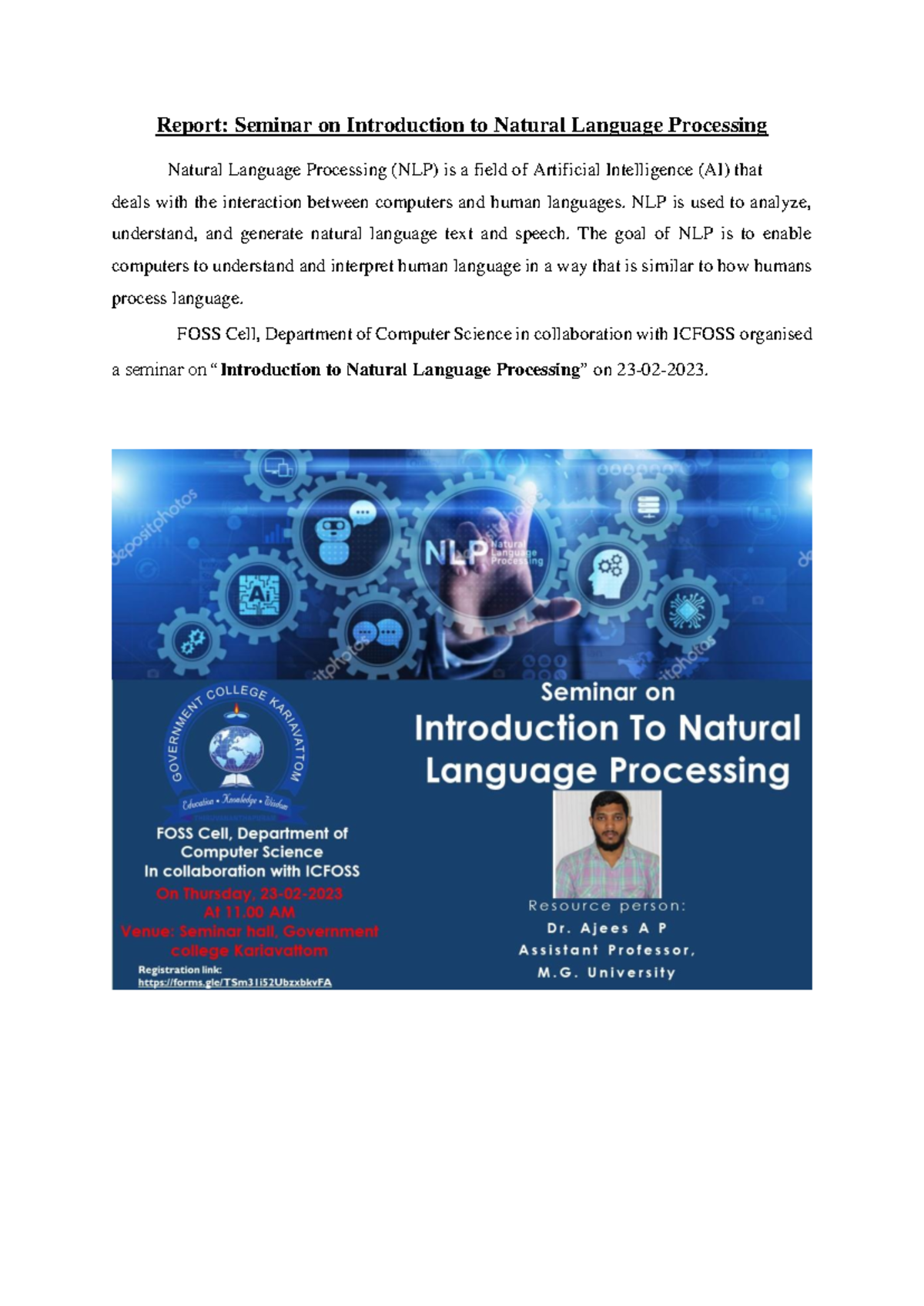 Report nlp 23 - Nlp - Report: Seminar on Introduction to Natural ...