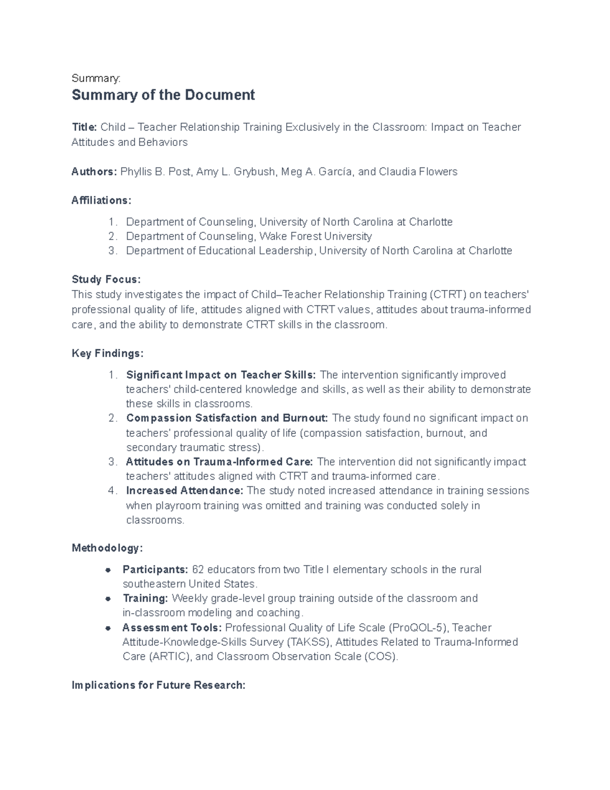 Summary - Summary: Summary of the Document Title: Child – Teacher ...