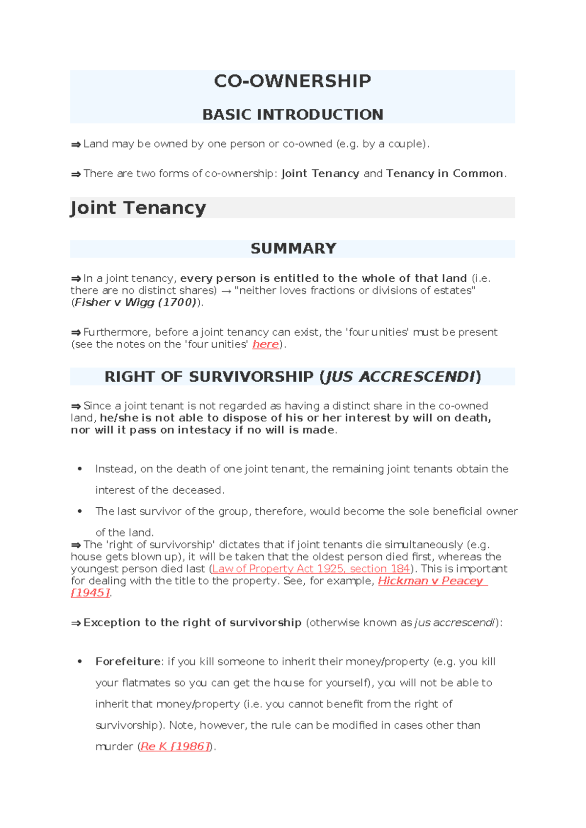 Co-Ownership - Land Law full notes - CO-OWNERSHIP BASIC INTRODUCTION ⇒ ...