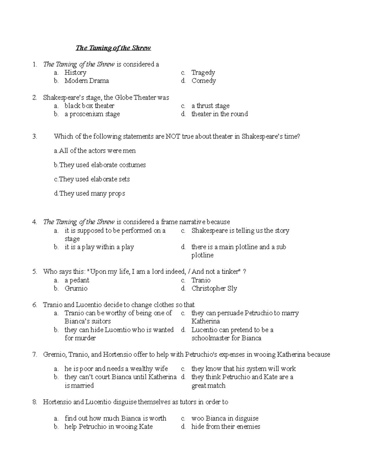 Taming Shrew Test Litfor Life - The Taming of the Shrew The Taming of ...