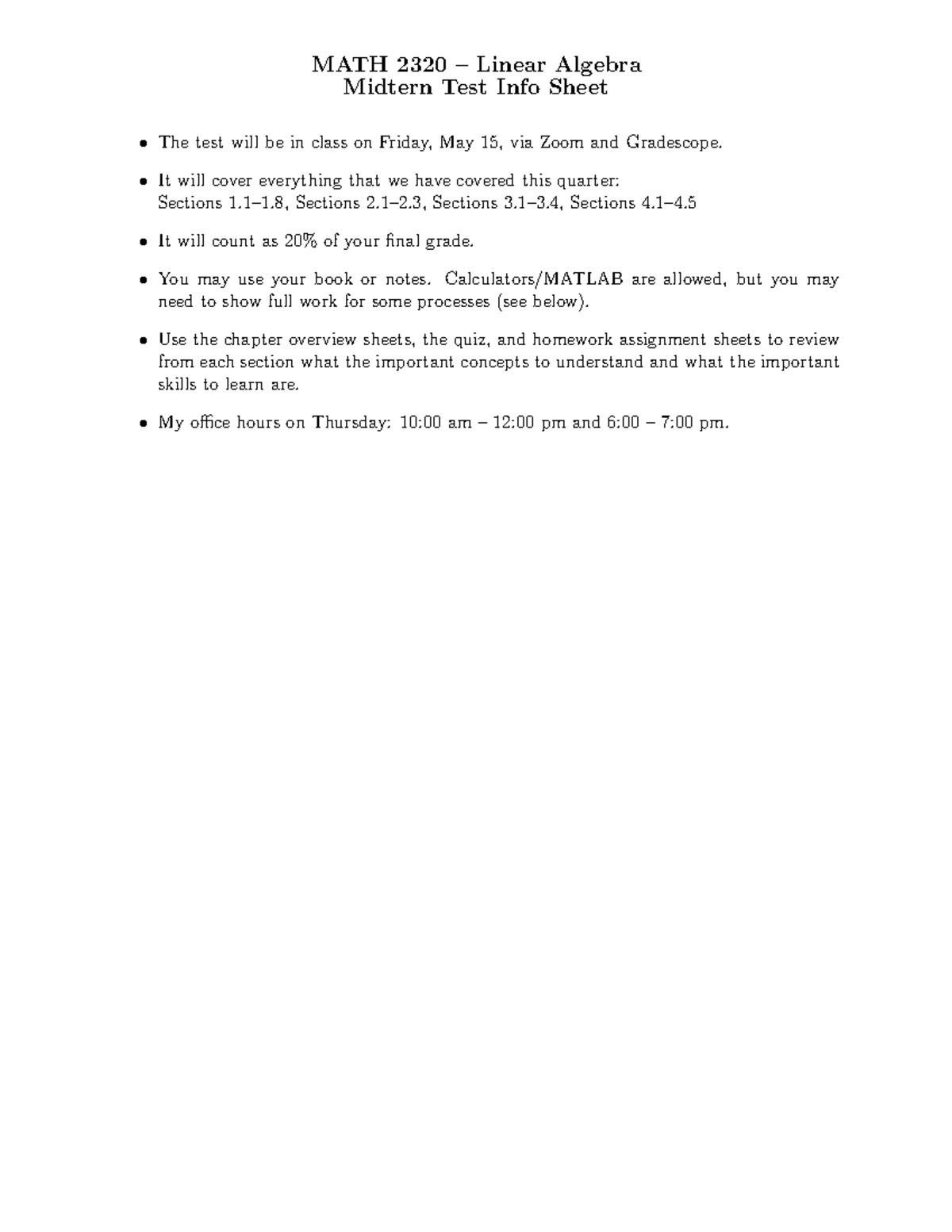 1 - practice midterm - MATH 2320 – Linear Algebra Midtern Test Info ...