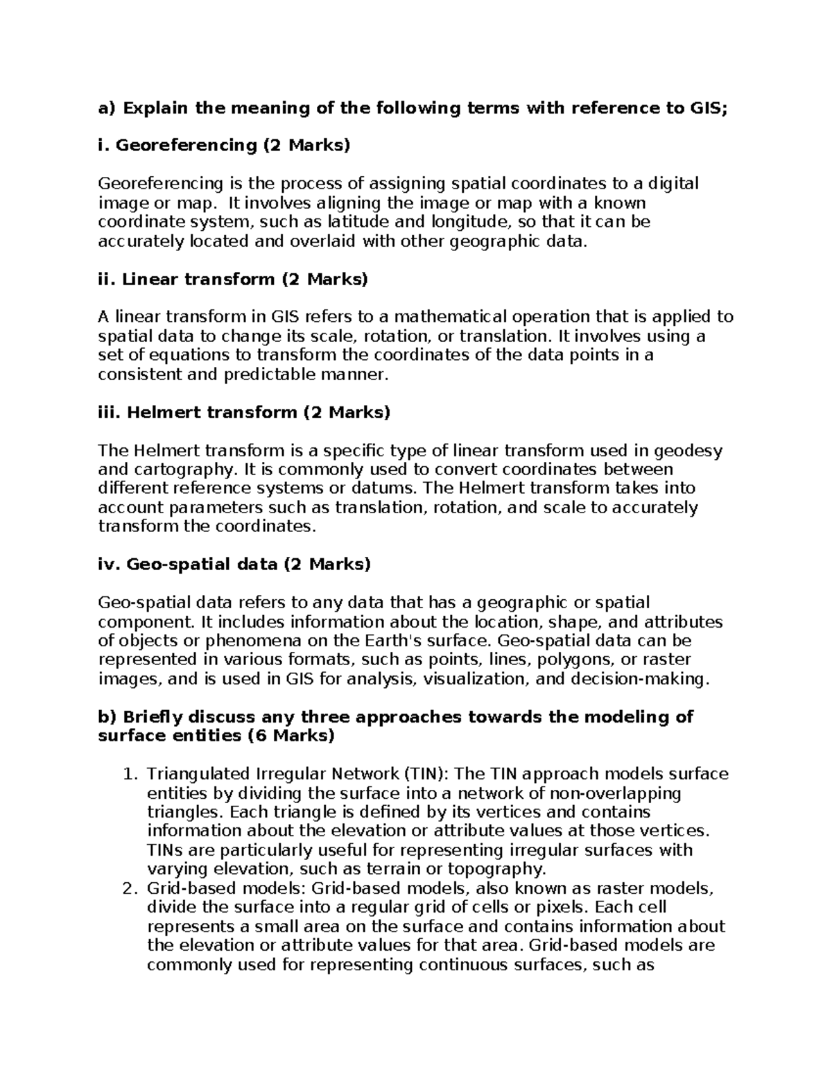 GIS Question and Answers - a) Explain the meaning of the following ...