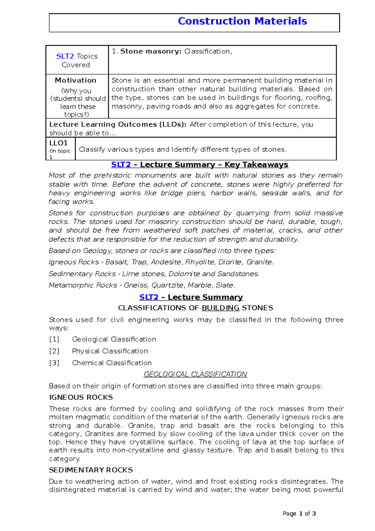 22-23 CM SLT2 Summary 3CE1 - SLT2 Topics Covered Stone masonry ...