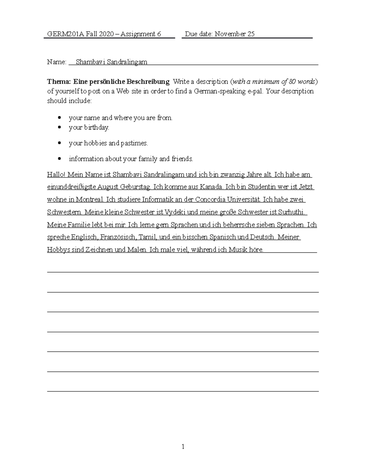 Assignment 6 Describe Me Germ201a Fall 2020 Assignment 6 Due Date November 25 Name 
