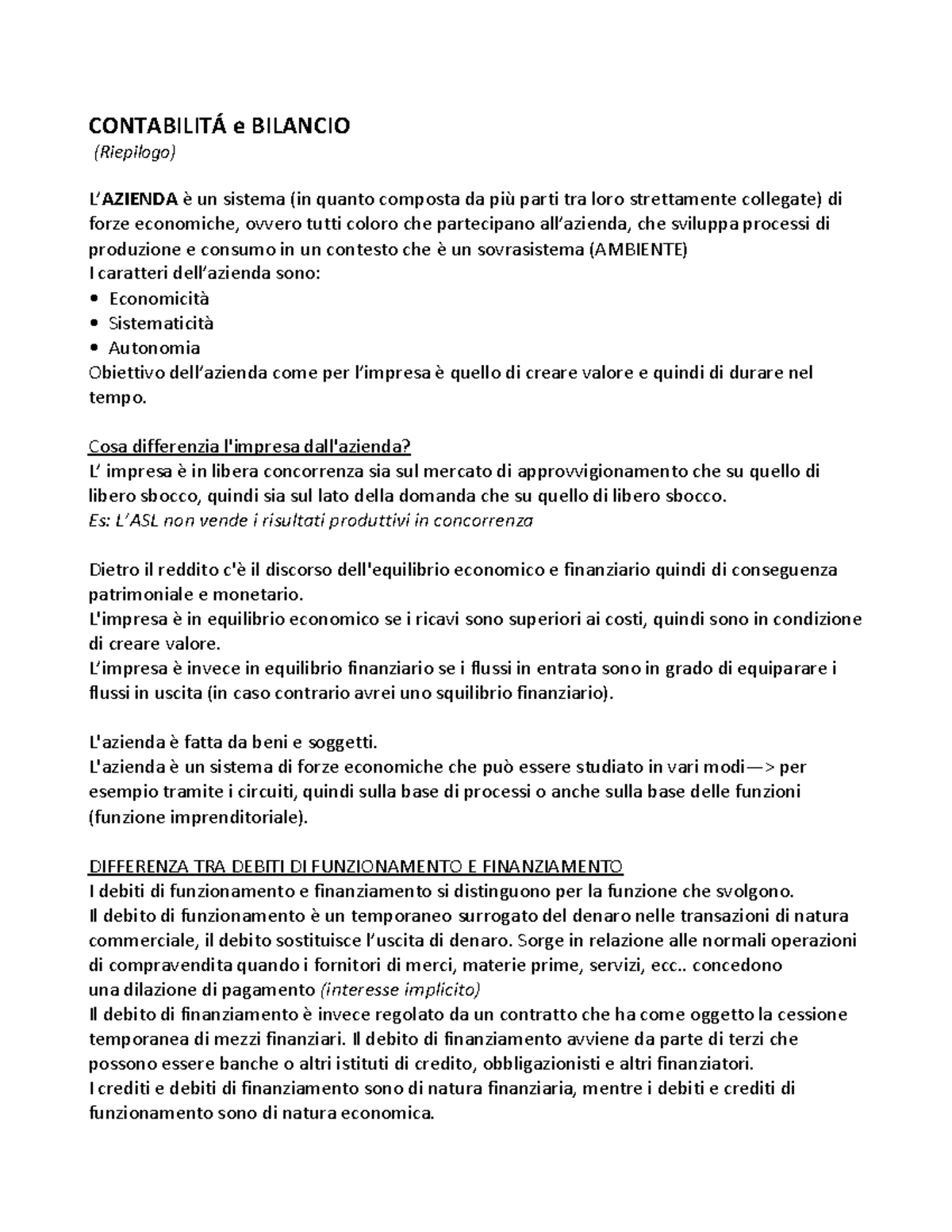 Riassunti Cobil - ben forniti - CONTABILIT¡ e BILANCIO (Riepilogo) L’AZIENDA Ë un sistema (in ...