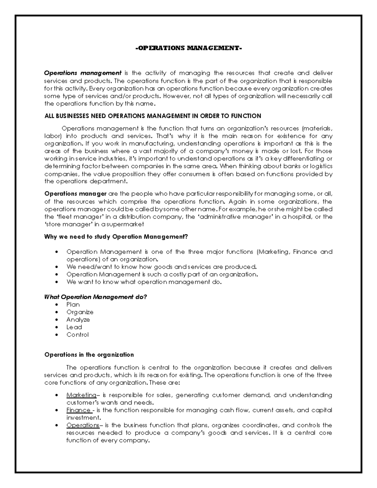 Operations- Management -OPERATIONS MANAGEMENT- Operations management is ...