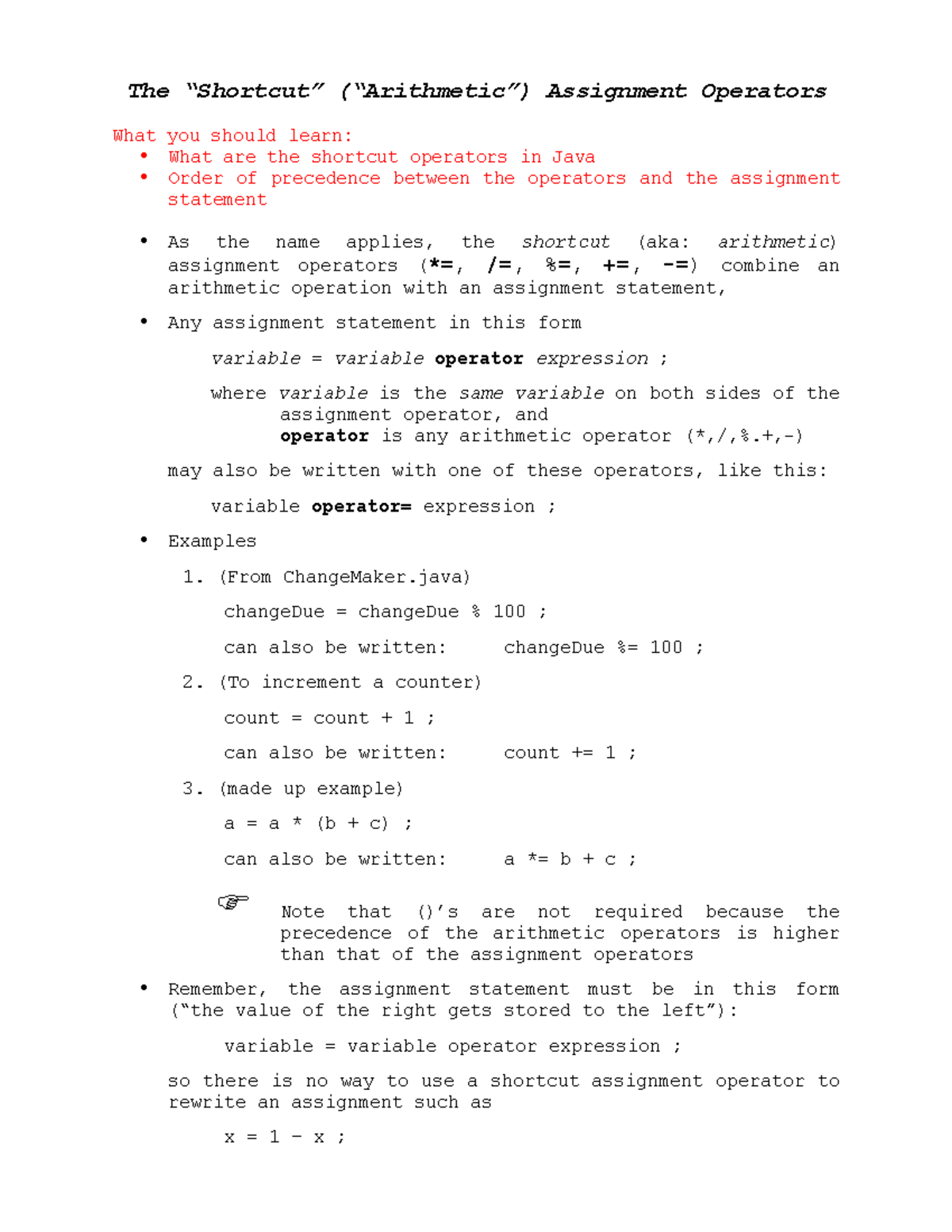 Shortcut Assignment - The “Shortcut” (“Arithmetic”) Assignment ...