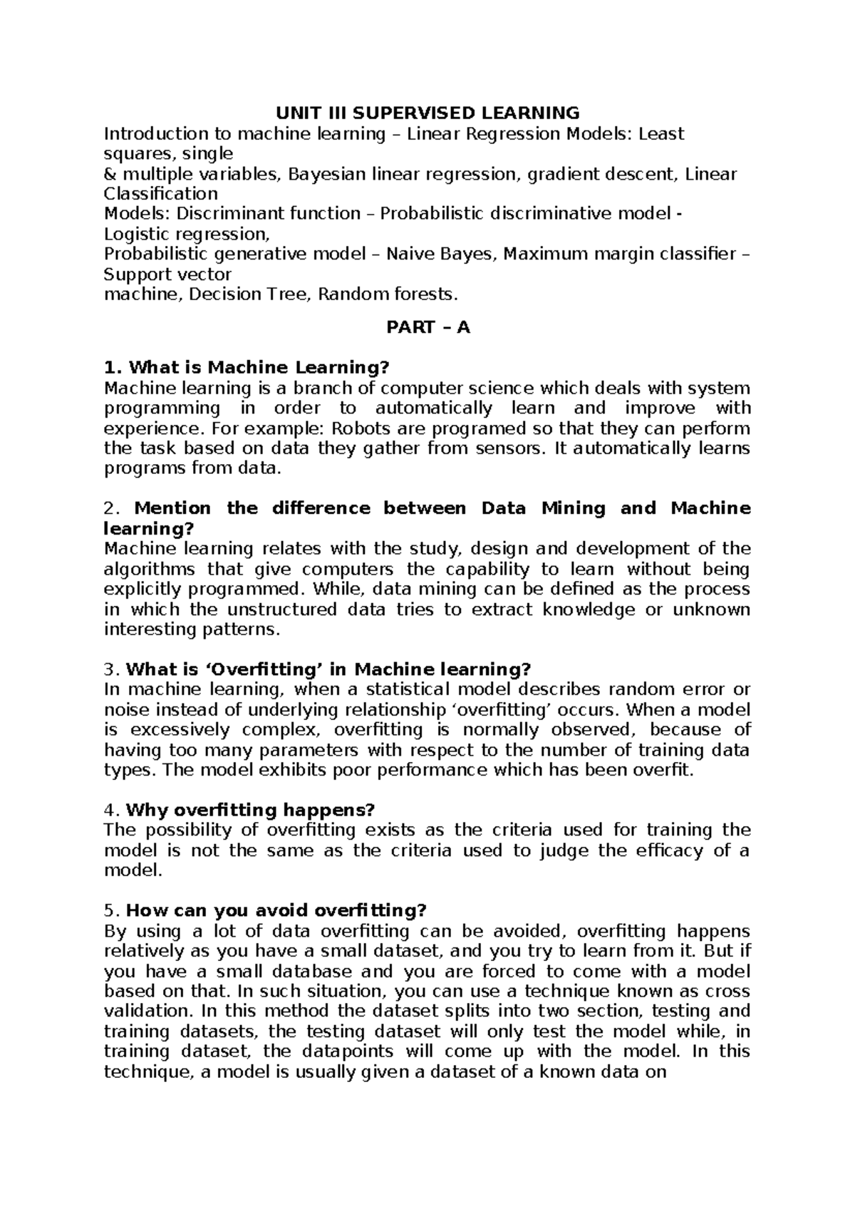 UNIT3 - UNIT III SUPERVISED LEARNING Introduction to machine learning – Linear Regression Models ...