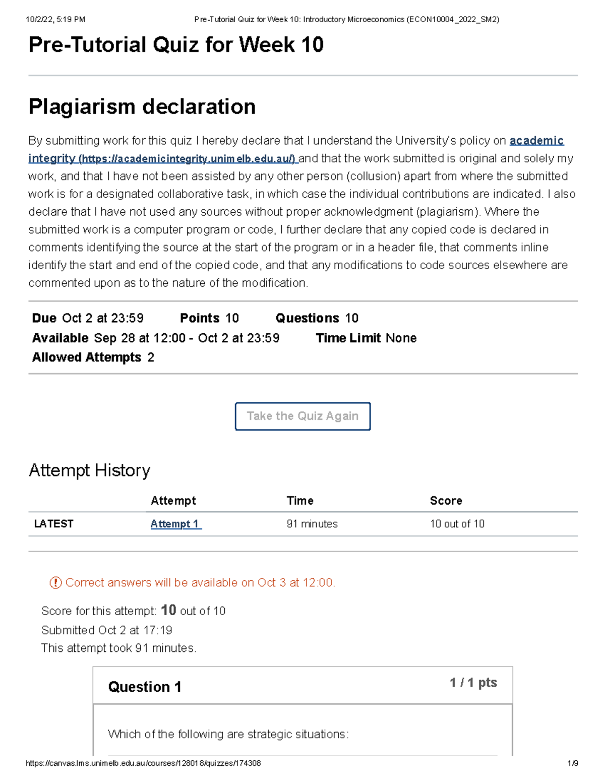 Pre-Tutorial Quiz for Week 10 Introductory Microeconomics (ECON10004 ...
