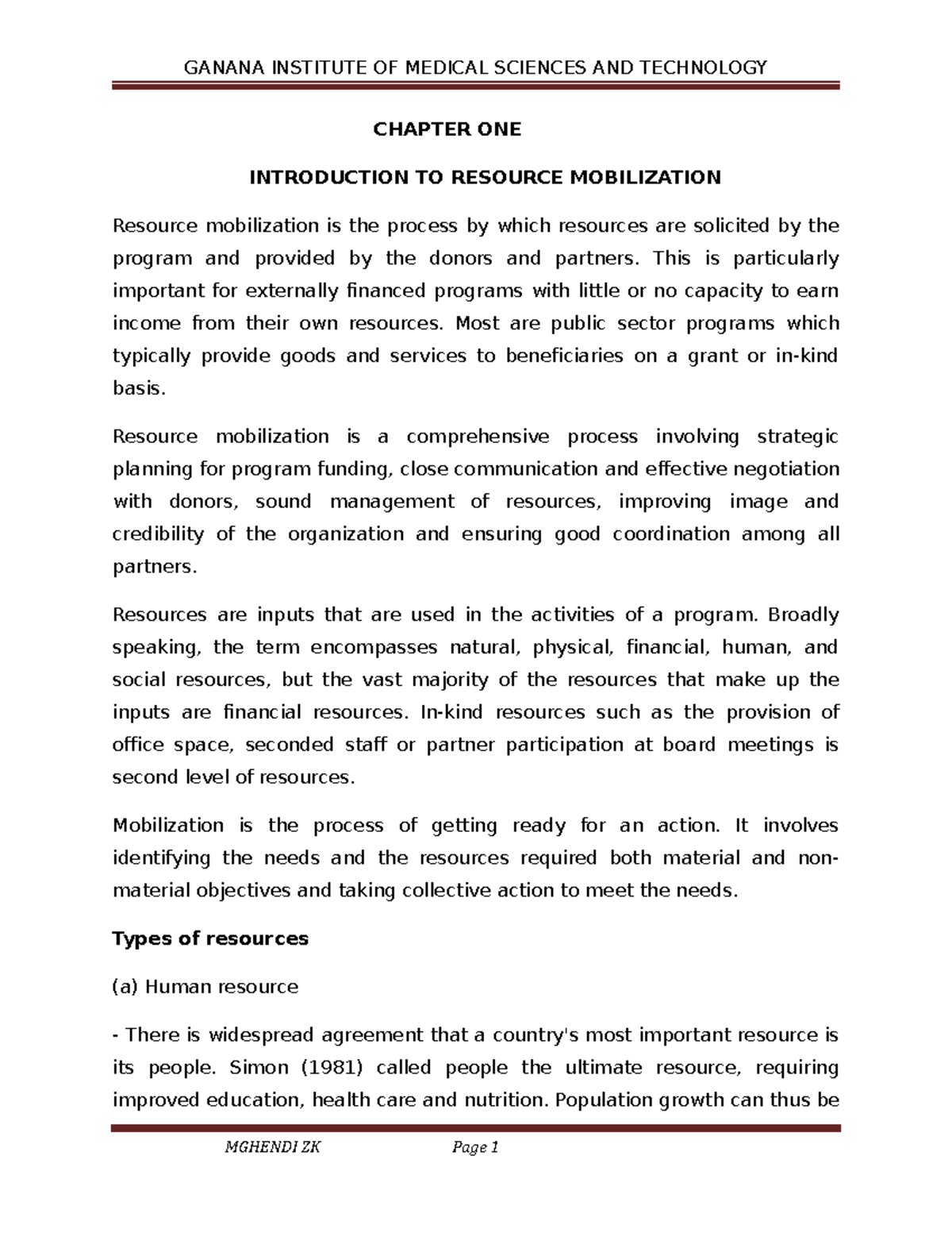 Resource Mobilization Notes - CHAPTER ONE INTRODUCTION TO RESOURCE ...