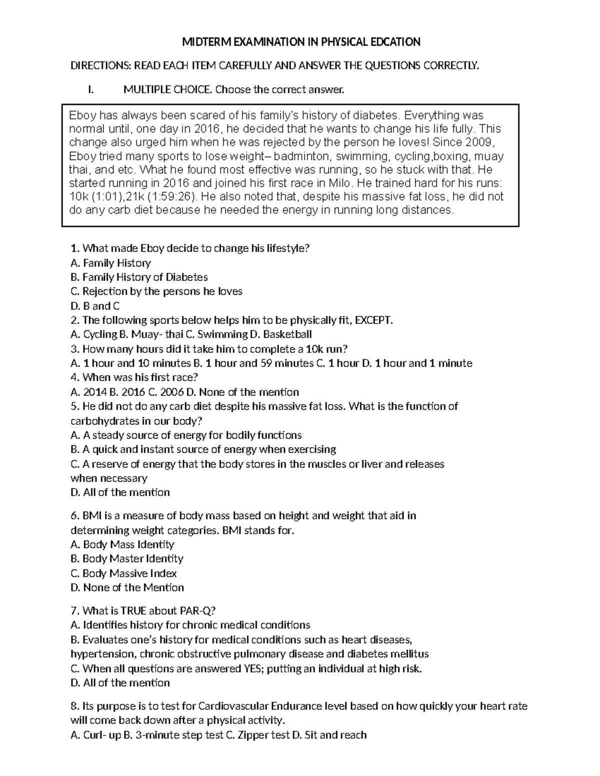 Midterm Examination IN Physical Edcation - MIDTERM EXAMINATION IN ...